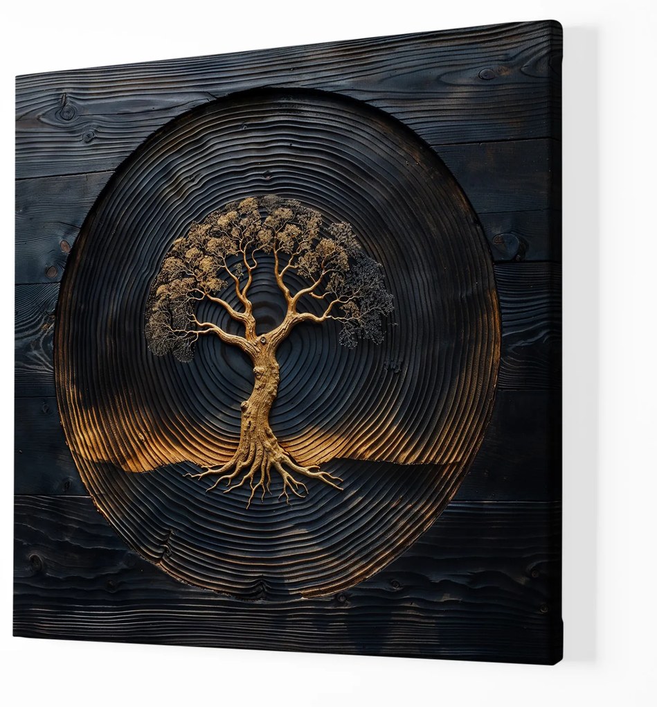 Obraz na plátně - Strom života Zlatý Vinyl, dřevo styl FeelHappy.cz Velikost obrazu: 100 x 100 cm