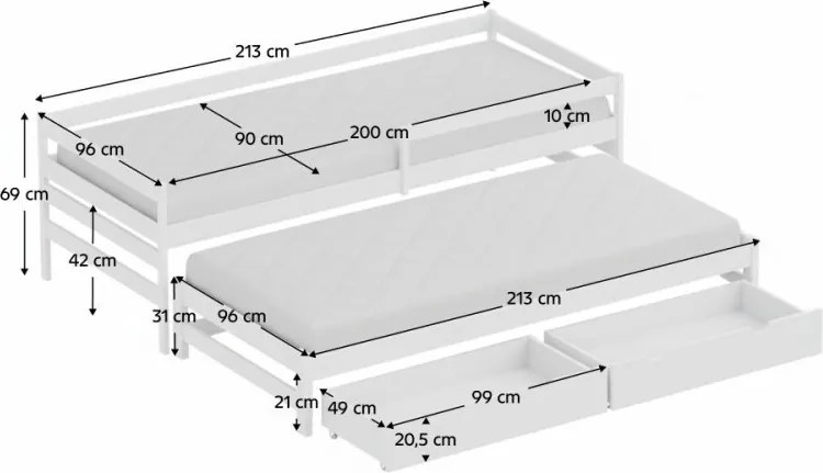 Postel s přistýlkou a úložným prostorem, 90x200, bílá, ELARA Kondela 0000412686