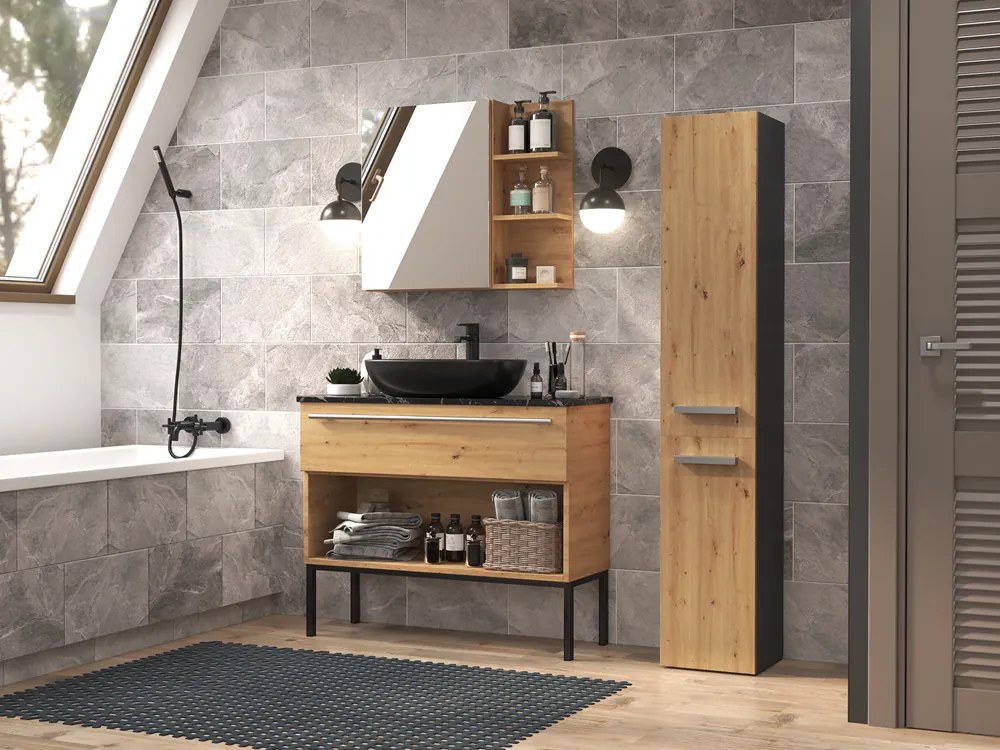 Koupelnový sloupek s košem na prádlo NEL IV antracit/dub artisan
