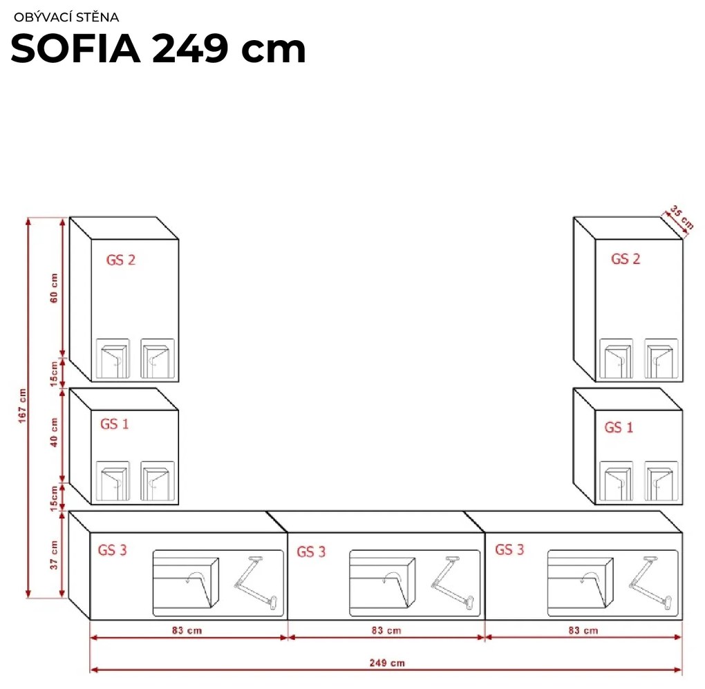 Ral Obývací stěna SOFIA 2, 249 cm - Černý lesk