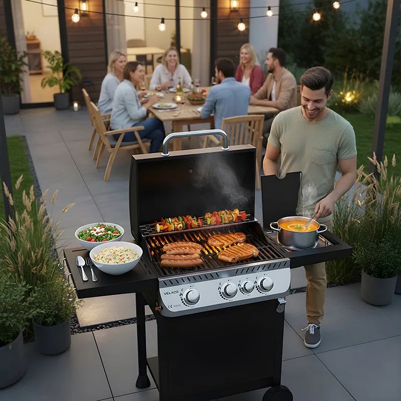 Velaco Plynový BBQ gril s boční plotýnkou, poličkou a krycí plachtou - APOLLO-B, 3+1 hořák