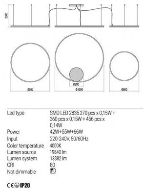 Redo Závěsné LED svítidlo ORBIT ø100/ø80/ø60 cm, 4000K, 3 kruhy Barva: Bílá, Stmívání, řízení: DALI
