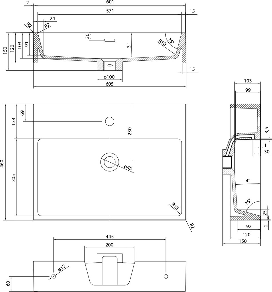 Sapho Sapho, AQUATIC umyvadlo, litý mramor, 60x46cm, bílá, AT060