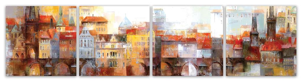 Malvis ® Obraz snové pražské panoráma - oranžové Velikost (šířka x výška): čtyřdílné panorama - 100x25 cm