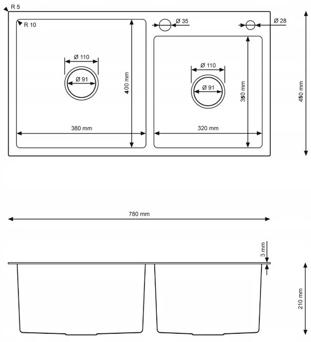Erga HD, 1-komorový ocelový dřez 780x450x210 mm, zlatá, ERG-MLS-HD7845G