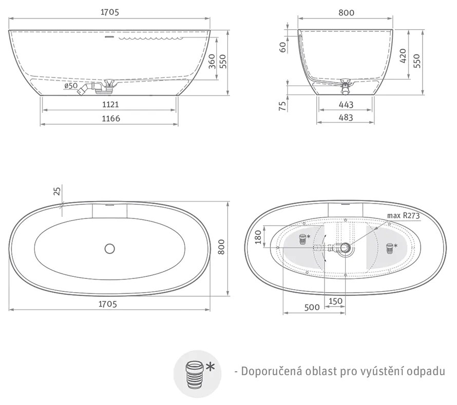 Oválná vana z litého mramoru ALLYSA WHITE / BLACK Z 1700 × 800 Černá 5232000