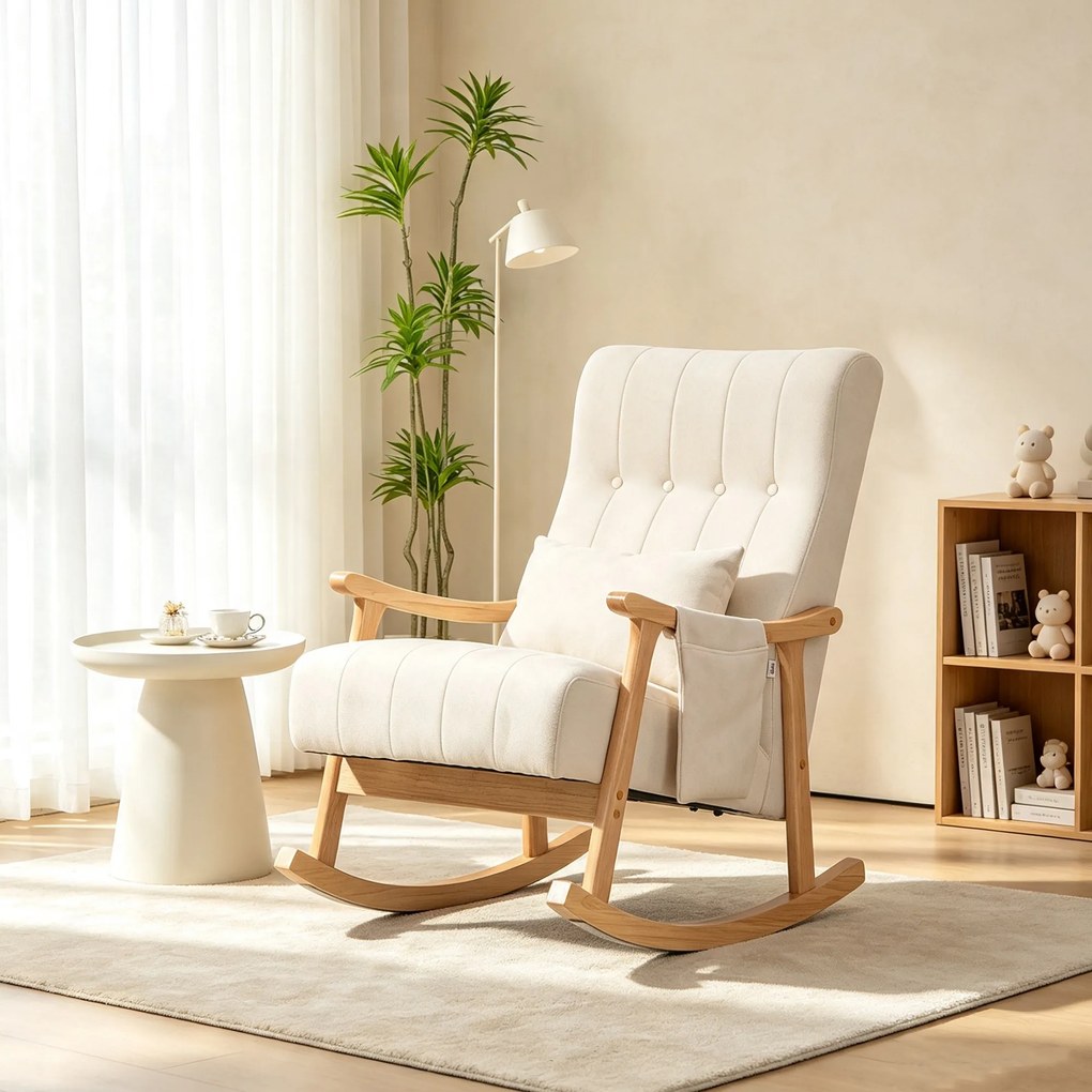 HOMCOM houpací křeslo čalouněné houpací křeslo s bederním polštářem boční kapsa relaxační křeslo dřevěný rám lněný vzhled pro obývací pokoj ložnice b…