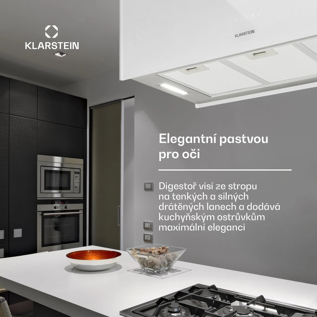 Klarstein Kronleuchter XL ostrovní digestoř 90cm recirkulace 577m³/h LED dotyk bílá