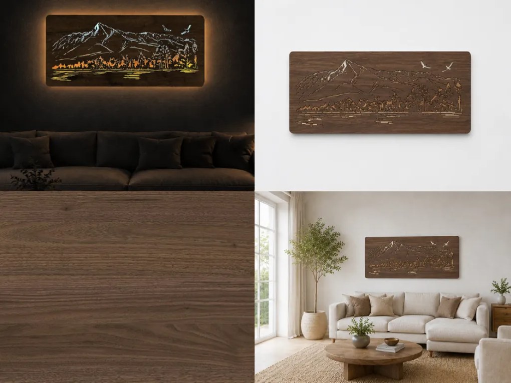 Li-Go "Hory s ptáky" světelný obraz s baterií a pohybovým čidlem 110x50cm provedení povrchu: ořech