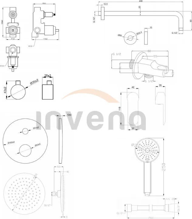 Invena Siros, podomítková sprchová sada s 2-výstupovým tělesem, černá matná, INV-BS-90-013-A