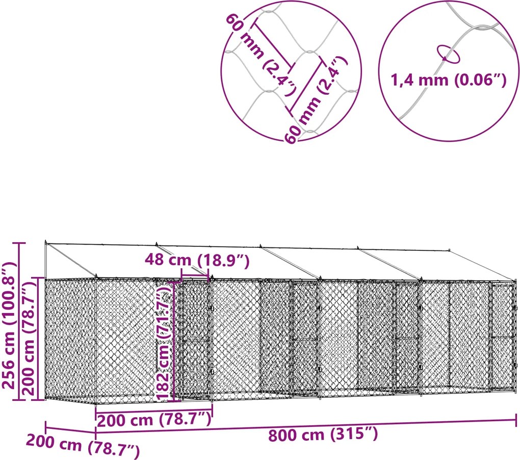 Psí klec s střechou Stříbrná 800 x 200 x 256 cm Ocel a PE 3368300