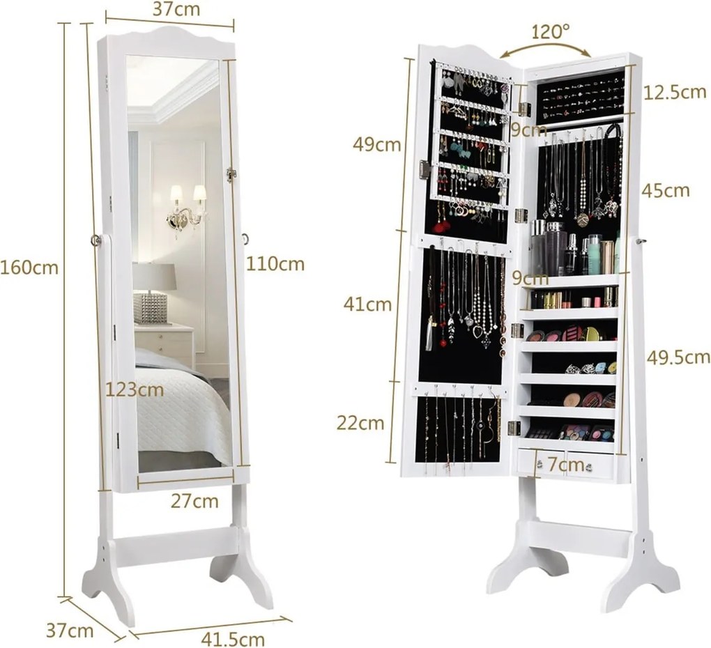 Costway Jewelry Cabinet Organizer na šperky se zrcadlovými dvířky po celé délce