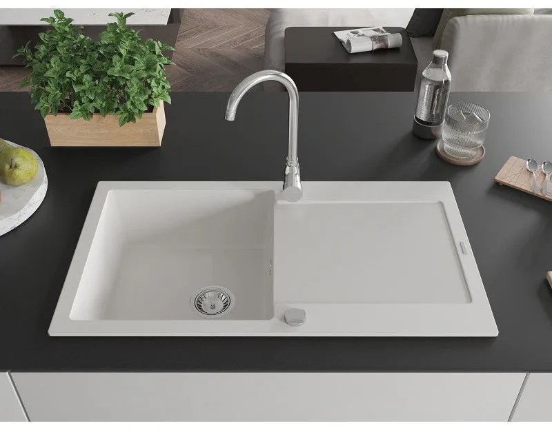 Mexen Leo, 1-komorový granitový dřez s odkapávačem 90x50 cm a kuchyňskou baterií Telma, bílá, 6501-20-670200-00