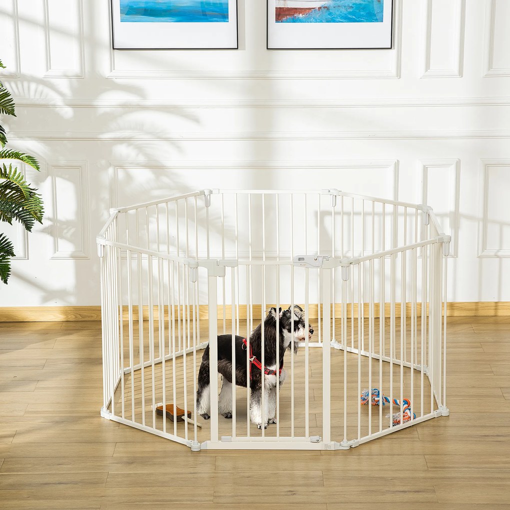 PawHut venkovní výběh pro štěňata, bezpečnostní brána s dvířky, flexibilní, skládací, 8 panelů, 60x76cm, bílá| Aosom