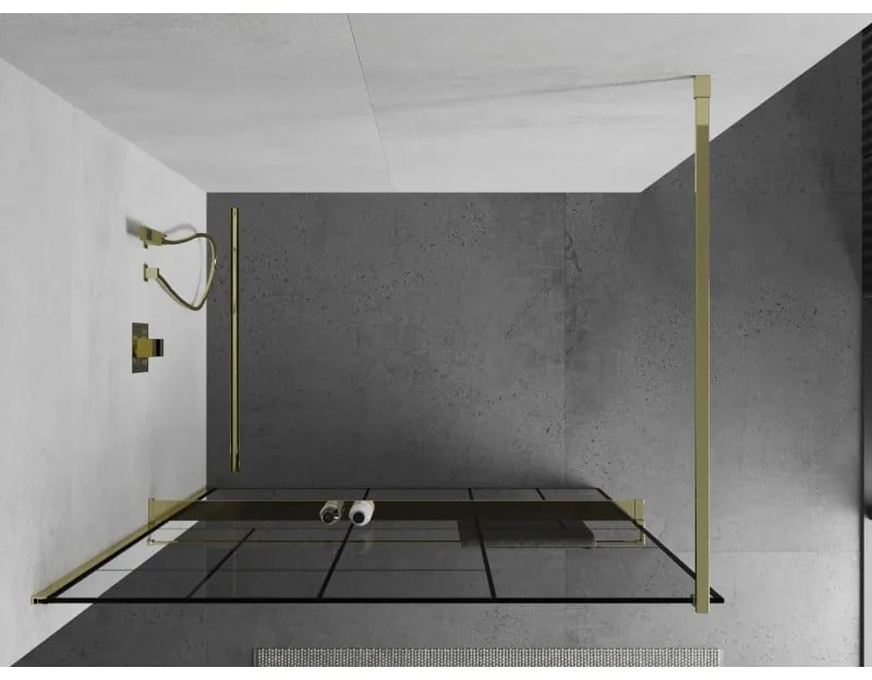 Mexen Kioto+, sprchová zástěna s poličkou a držákem na ručníky 130 x 200 cm, 8mm čiré sklo vzor černý, zlatý profil, 800-130-121-50-78