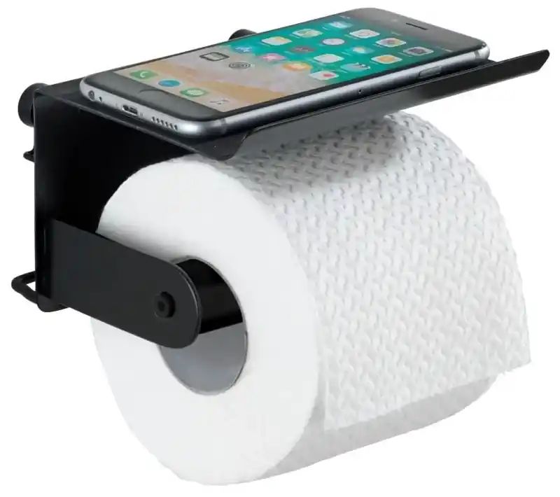 Černý nástěnný držák na toaletní papír s podložkou na mobil Wenko Classic  Plus | BIANO