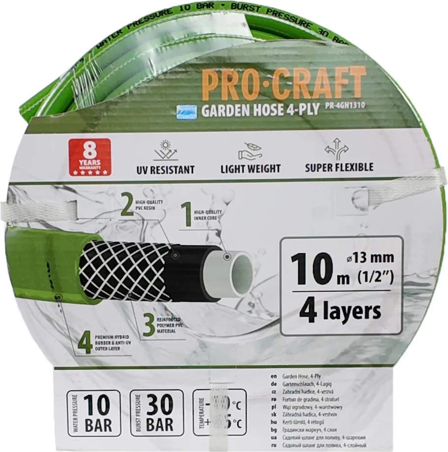 Procraft PR-4GH1310 - zelená zahradní hadice, 4 vrstvy, 1/2", 10m