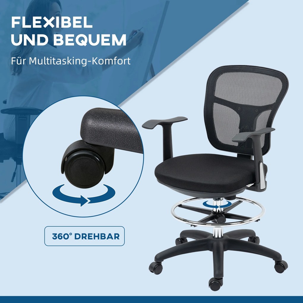 Kancelářská židle Vinsetto Ergonomická počítačová židle 95-115 cm s područkami a podnožkou Mesh Black pro kancelář a domácí kancelář |