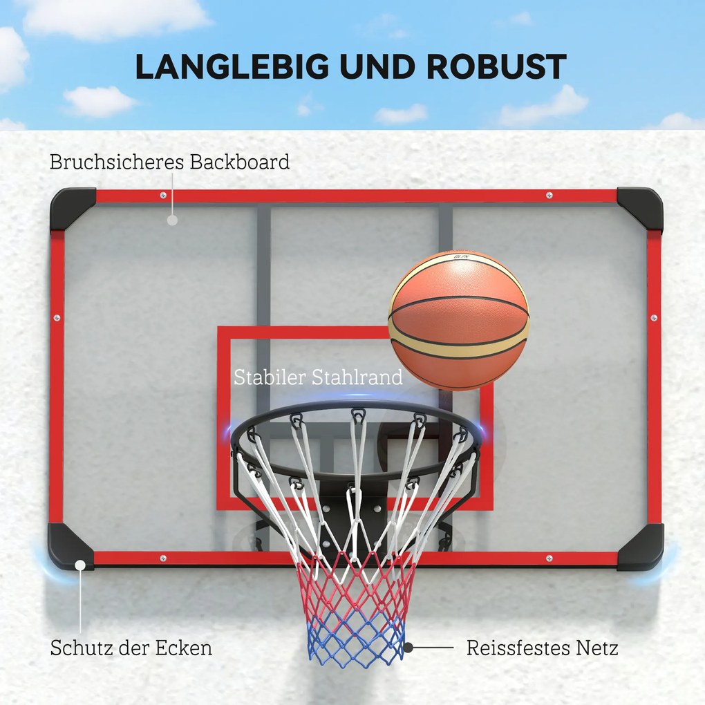 SPORTNOW basketbalový koš, basketbalová deska s košem, basketbalová síť s basketbalovou deskou, nástěnná, pro venkovní použití, ocel, 113 x 61 x 73 c…