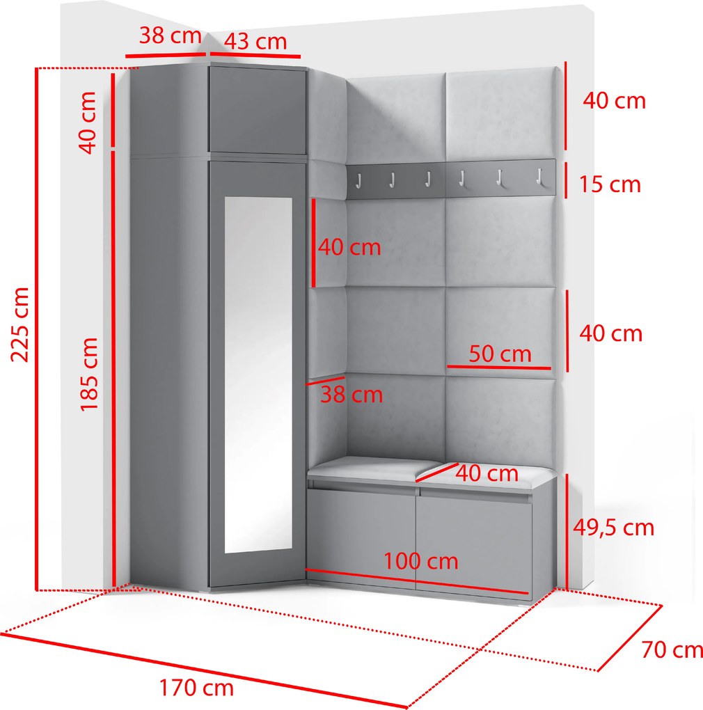 Eka Předsíňová stěna s čalouněnými panely Trinity 37 - Dub Artisan s černou / Hnědá 2307
