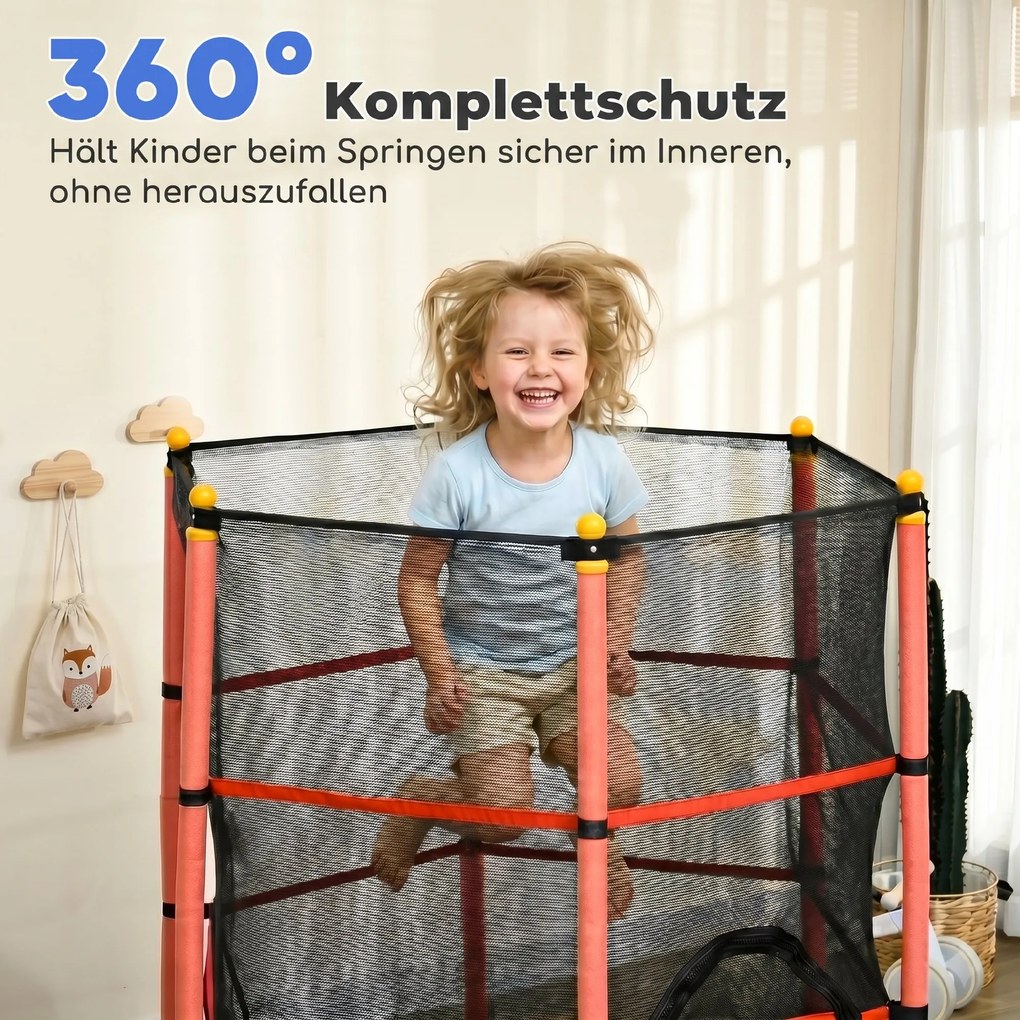 HOMCOM dětská trampolína Ø163 cm, trampolína s ochrannou sítí, kryt hran, zahradní trampolína pro děti 3-10 let, max. zatížení 50 kg, červená barva