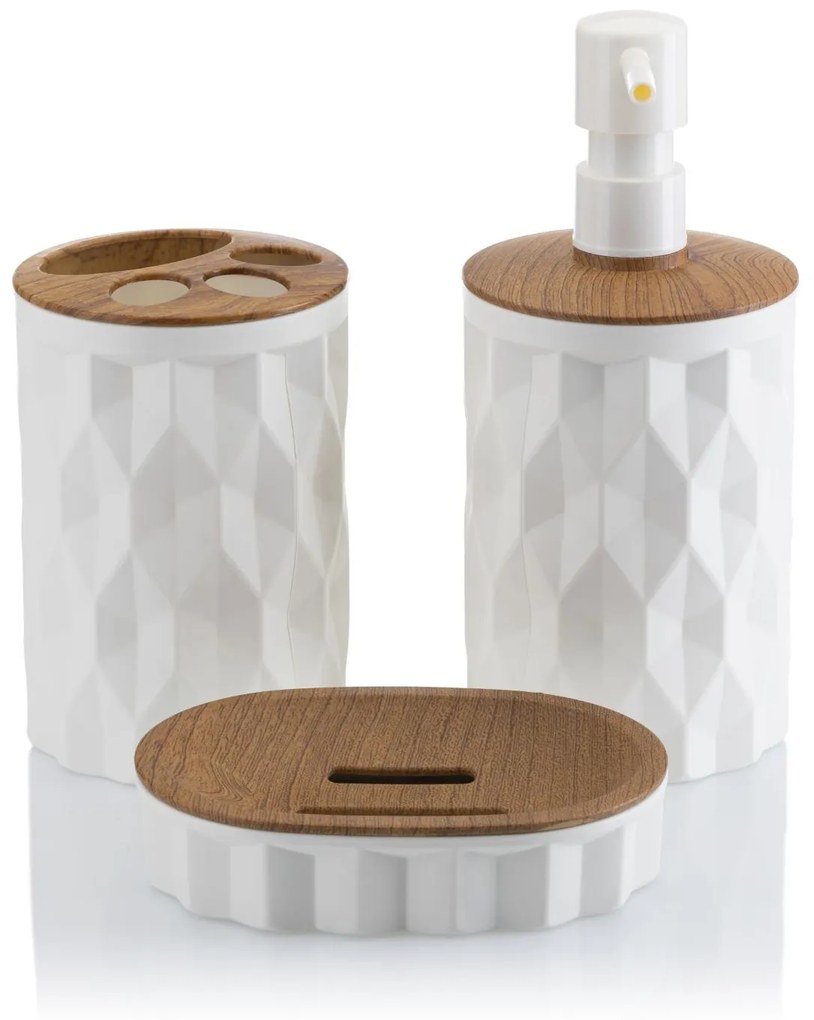 Sada koupelnových doplňků Reina bílá/prvky s povrchovou úpravou v dekoru dřeva