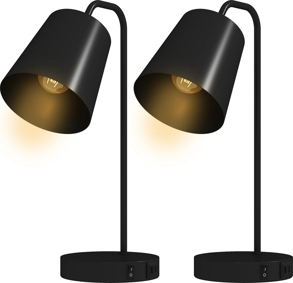 HOMCOM Sada stolních lamp, 2 kusy, moderní lampy s USB-A USB-C připojením pro ložnici, obývací pokoj a kancelář, černé