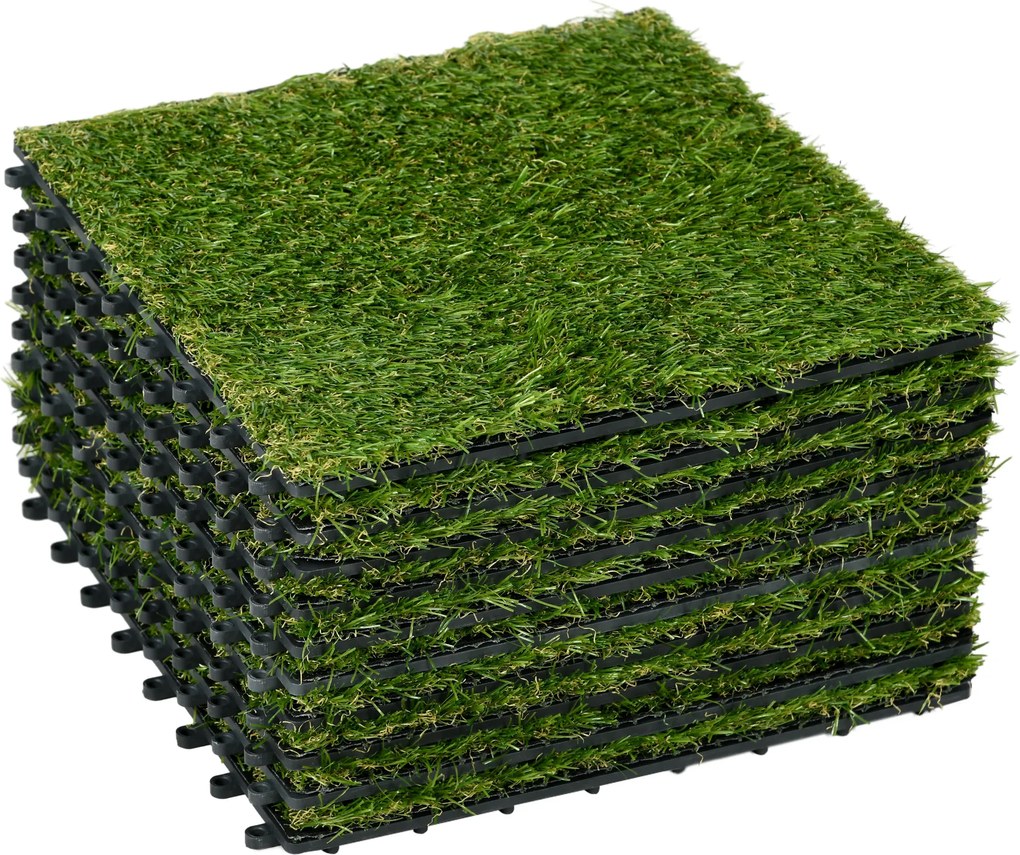 Outsunny umělá tráva 10 kusů travní koberec 30 x 30 cm 25 mm tmavě zelený pro balkonovou zahradu, odolný a snadno udržovatelný, umělý trávník z plastu
