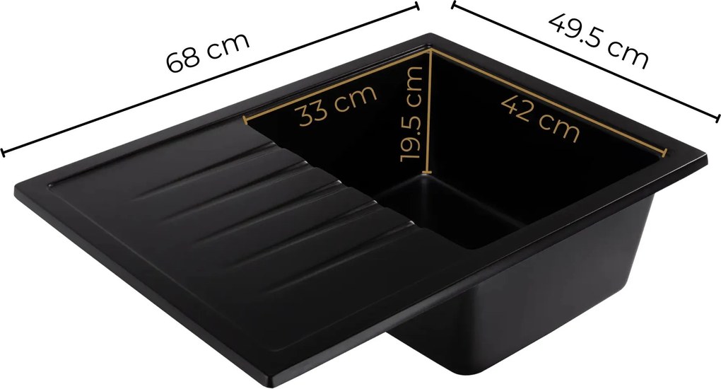 Sink Quality Titanite, kuchyňský granitový dřez 680x495x215 mm + černý sifon, černá, SKQ-TIT.C.1KKO.XB