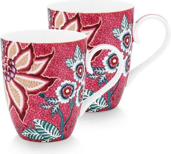 Pip Studio Flower Festival čajová sada 3ks, dárkové balení, tmavě růžová (Sada konvice a 2 hrnků v dárkovém balení )