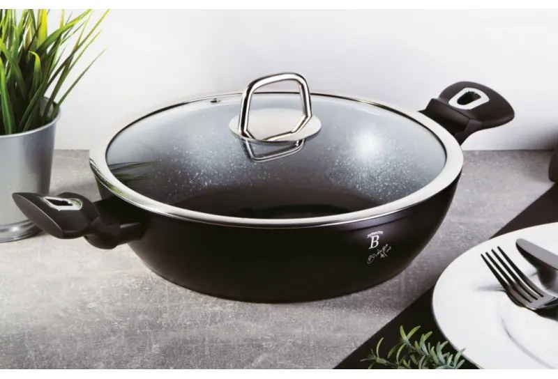 BERLINGERHAUS Pánev WOK s poklicí a mramorovým povrchem 30 cm Black Silver Collection BH-7113