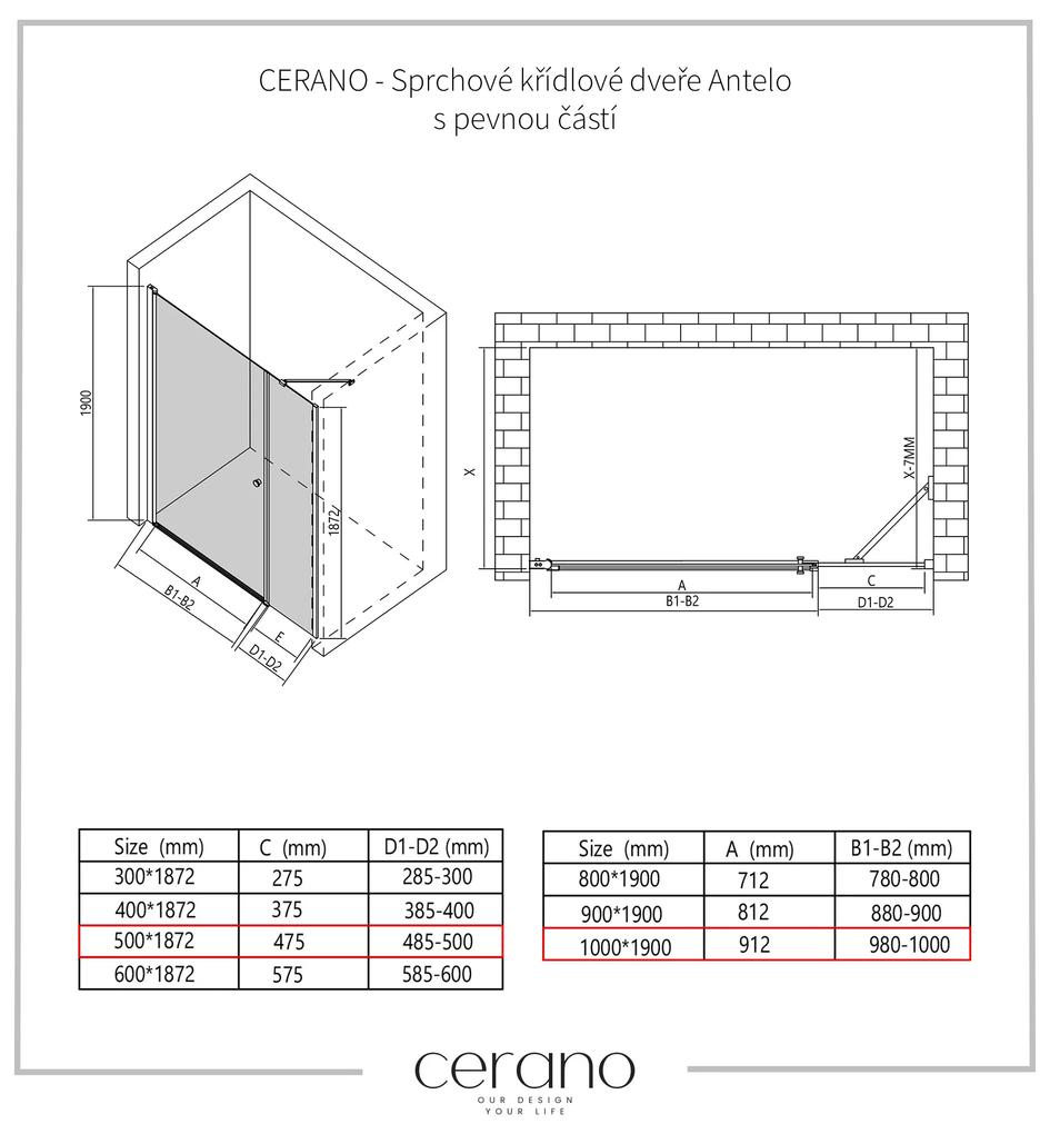 CERANO - Sprchové křídlové dveře Antelo s pevnou částí L/P - chrom, transparentní sklo - 100x50 cm