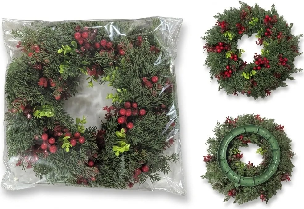 Adventní věnec na dveře RED BERRIES Ø 35 cm, zelený/červený