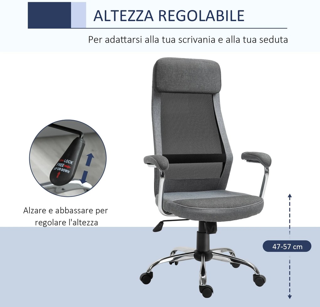 Vinsetto Ergonomická otočná kancelářská židle, nastavitelná výška a funkce houpání, síťovina, 65x67x119-129cm, Šedá