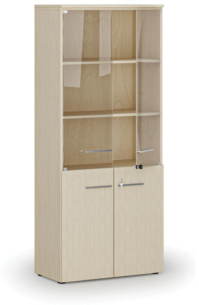 Kombinovaná kancelářská skříň PRIMO WOOD s dřevěnými a skleněnými dveřmi, 1781 x 800 x 420 mm, wenge