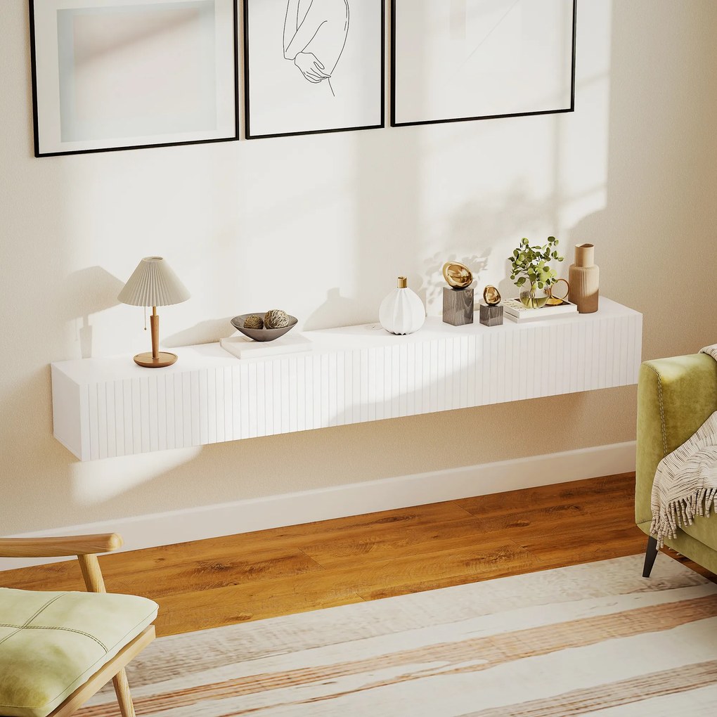HOMCOM Zavěšený TV nábytek 180 cm, TV nábytek pro televizory až do 183 cm, 2 sklápěcí dveře, 180x25x22 cm, bílá