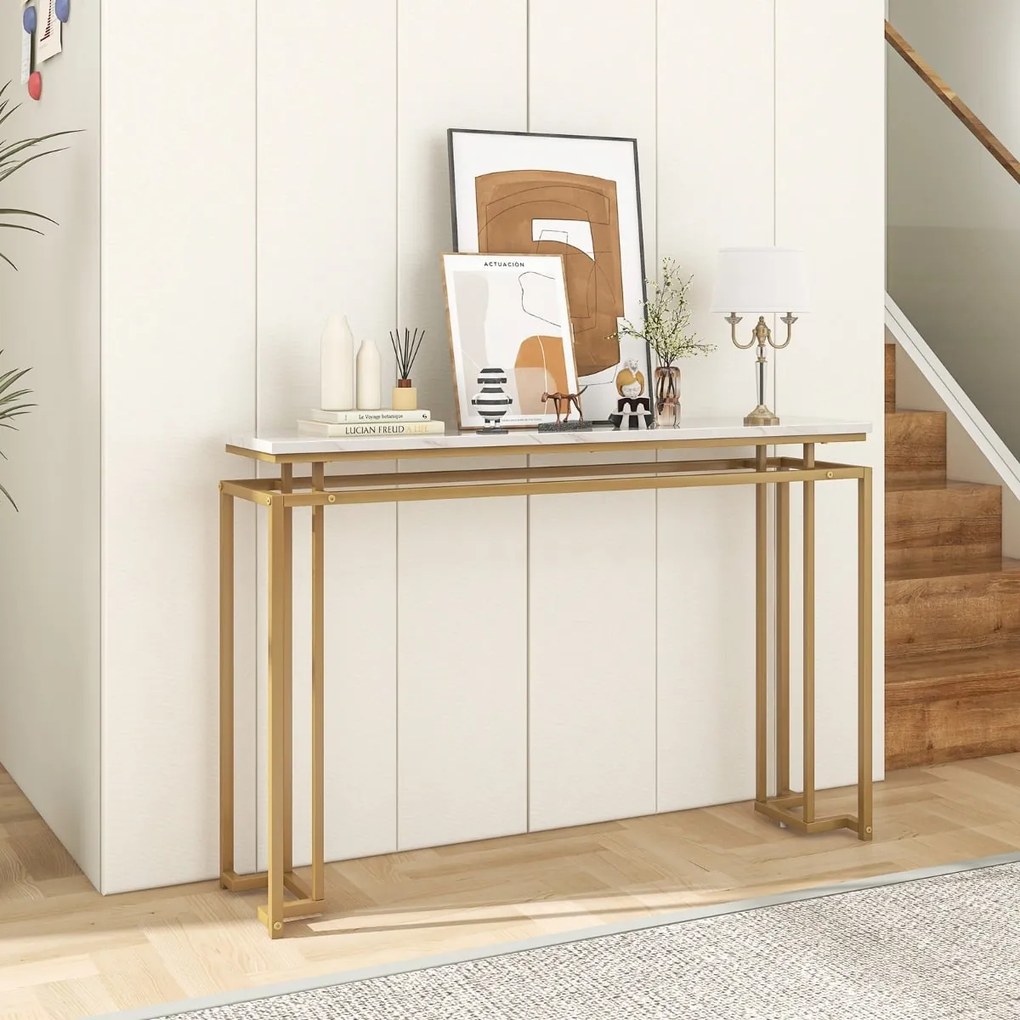 Costway 120 cm konzolový stůl s deskou z umělého mramoru a geometrickým kovovým