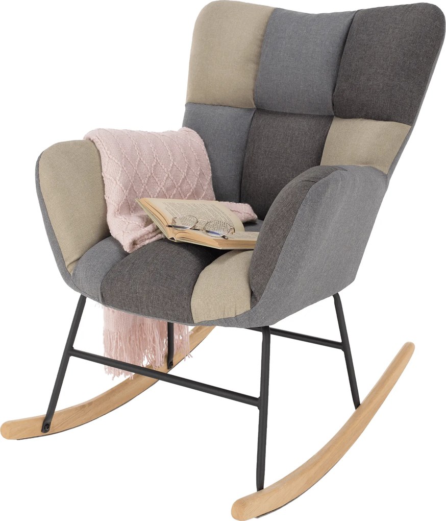 Designové houpací křeslo, patchwork šedá / béžová, KEMARO