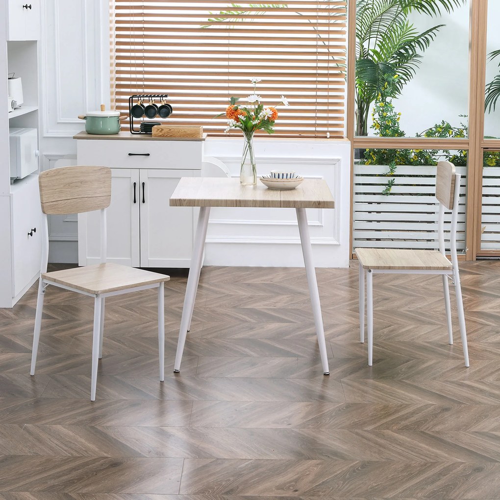 HOMCOM 3-dílný jídelní set MDF + kov přírodní kresba dřeva + bílá s 1 stolem + 2 židlemi
