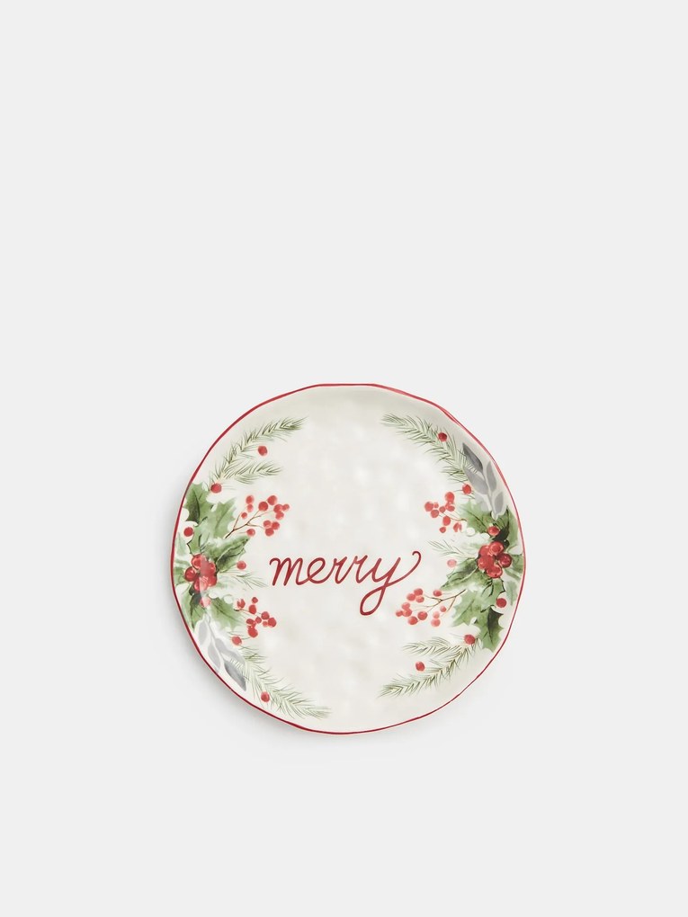 Sinsay - Vánoční keramický talíř s nápisem “Merry” - bílá
