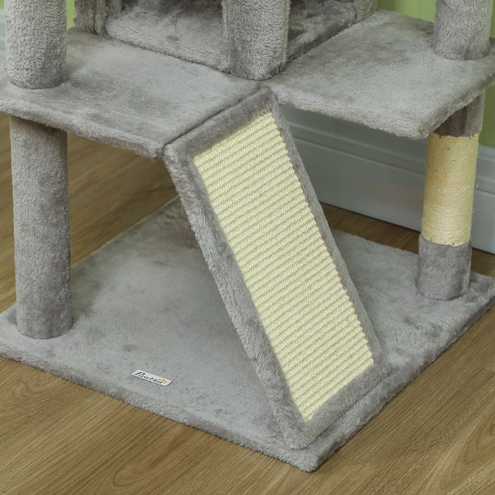 PawHut Kočičí škrabadlo výška 138 cm, strom pro kočky s sisalovými škrabacími sloupy, platformami, úkryty, zavěšenými míčky a hamakem, světle šedé