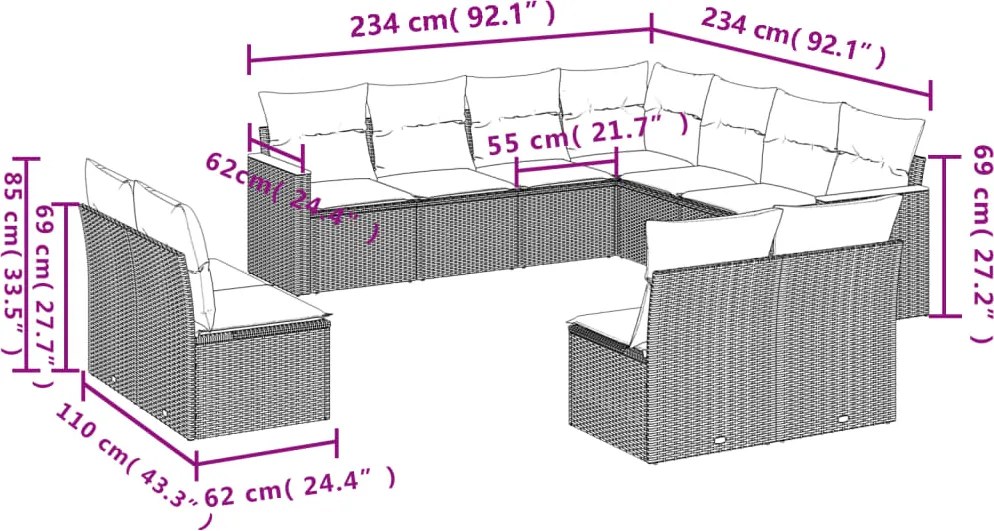 11dílná zahradní sada pohovek s polštáři šedá polyratan 3226089