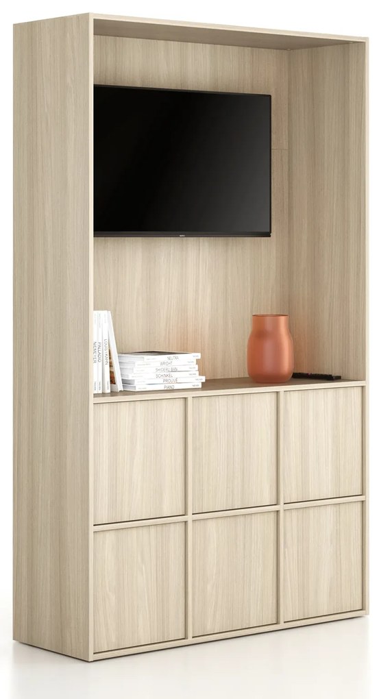 Kancelářská skříň FRAME, 6x dveře, prostor pro TV, 1299 x 450 x 2162 mm, PUSH-lock, dub přírodní