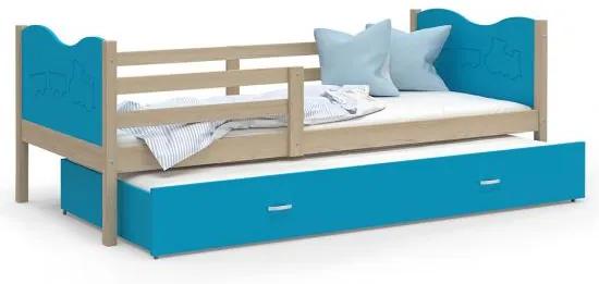 Dětská postel MAX P2 80x190 cm s borovicovou konstrukcí v modré barvě s motivem vláčku