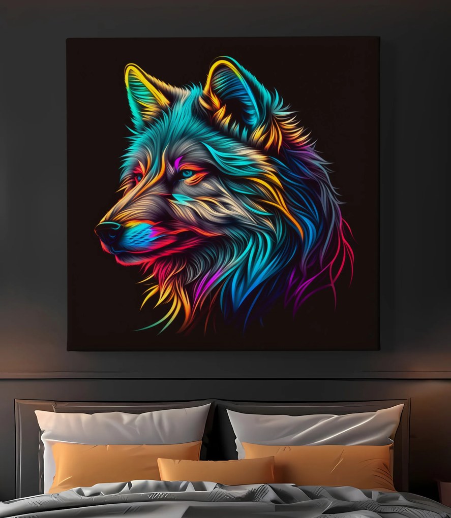 Obraz na plátně - Barevný zářící vlk, hlava FeelHappy.cz Velikost obrazu: 100 x 100 cm