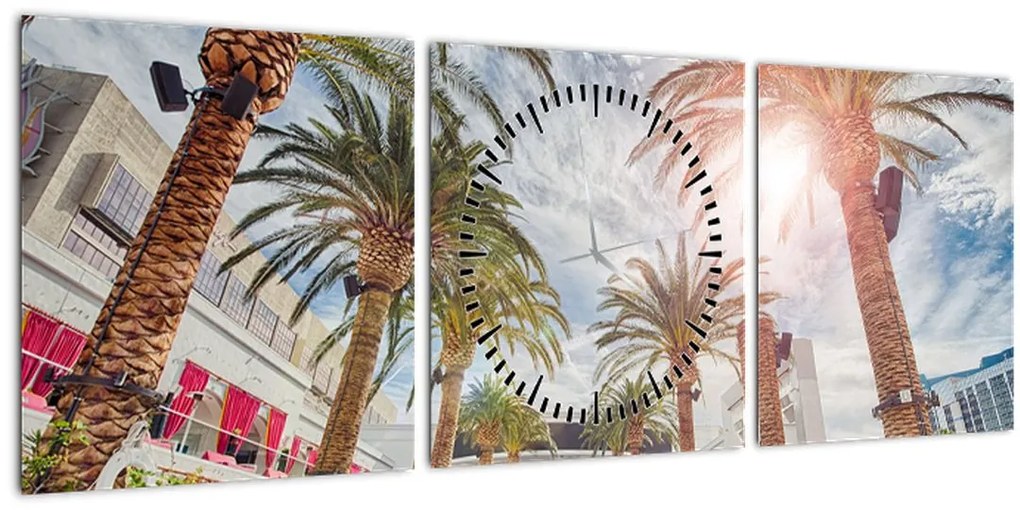 Obraz - palmy s bazénem (s hodinami) (90x30 cm)
