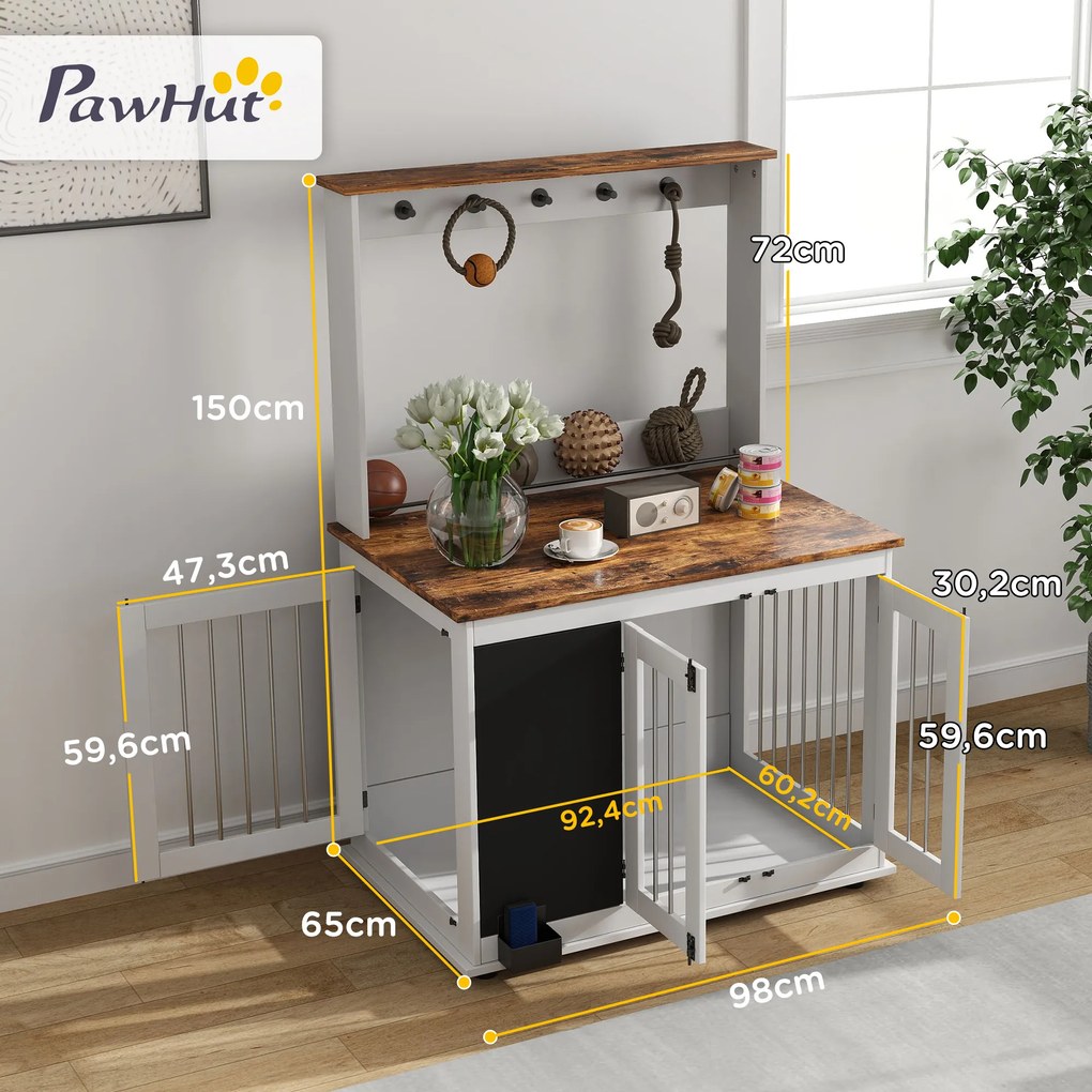 PawHut klec pro psy do domácnosti, box pro psy se 3 dvířky, úložný regál na hračky, psí bouda s háčky, psací deska, guma, pro velké psy, bílá