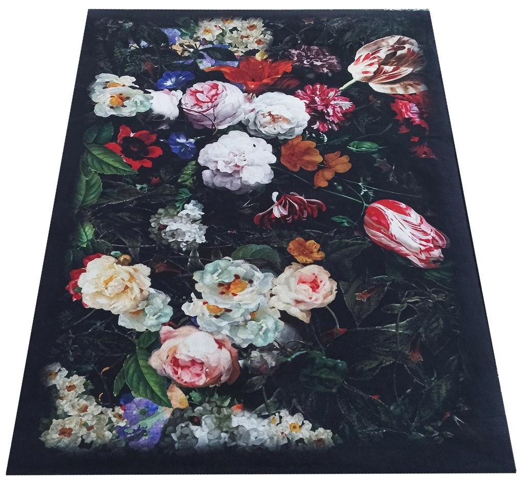 Moderní kusový koberec protiskluzový Horeca-New 119 Květy černý Rozměr: 60x100 cm