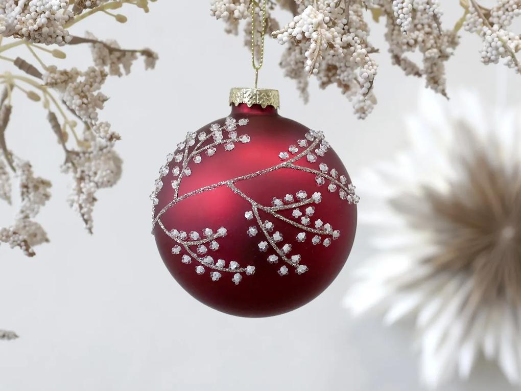 Červená skleněná vánoční ozdoba koule s větvičkou - Ø  8cm