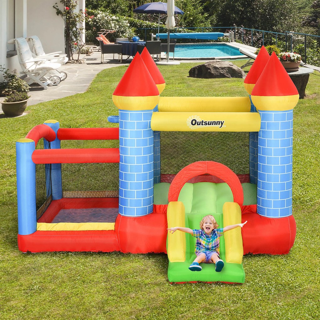 Outsunny skákací hrad s ventilátorem a skluzavkou, bazén, unese až 90 kg pro 3 děti, pro věk 3-8 let, červeno-modro-zelený, 280x260x210 cm